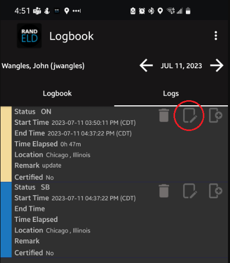 Select the logs tab, then select the Pencil/paper(edit) option on the ...